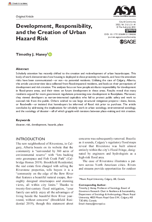 (PDF) Development, Responsibility, and the Creation of Urban Hazard Risk