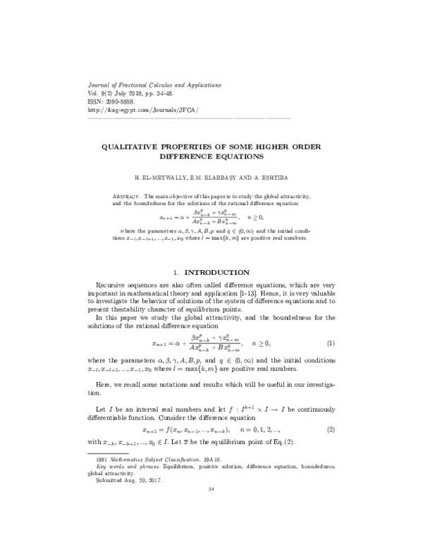 (PDF) Qualitative properties of some higher order difference equations