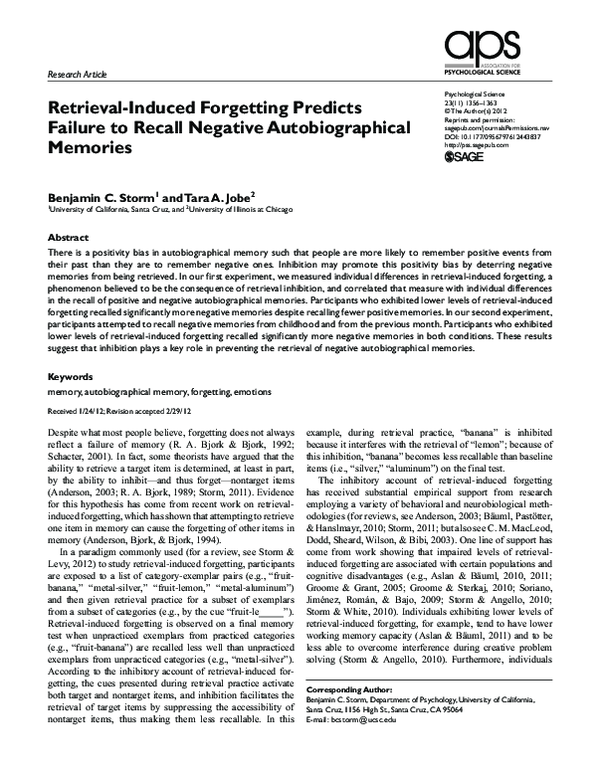 (PDF) Retrieval-Induced Forgetting Predicts Failure to Recall Negative Autobiographical Memories