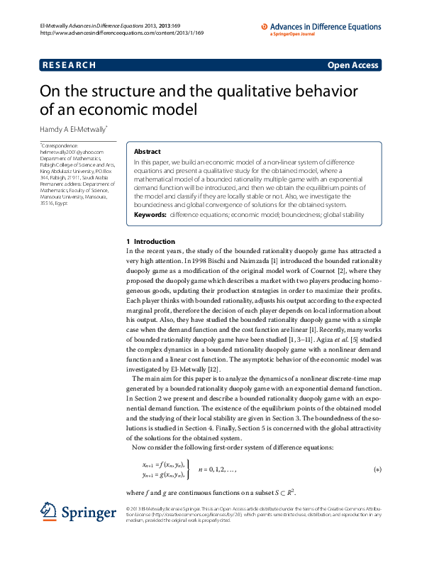 (PDF) On the structure and the qualitative behavior of an economic model