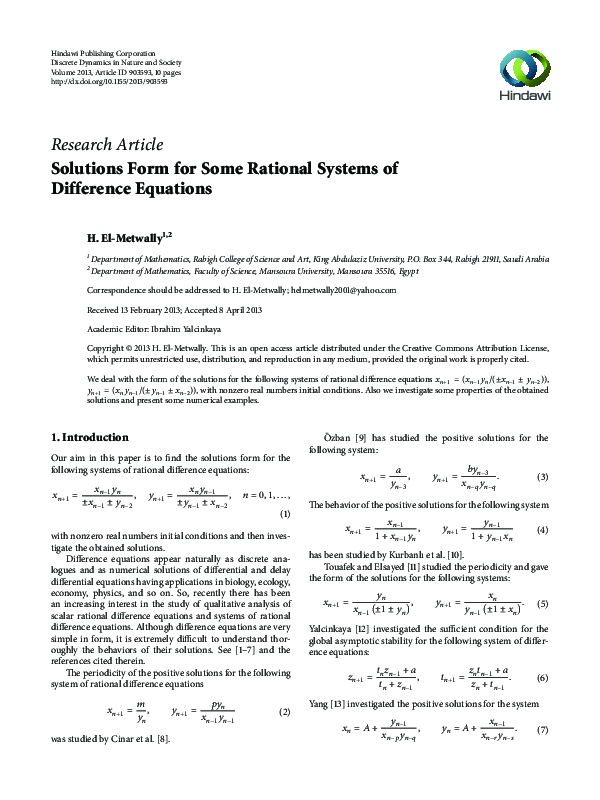 Pdf Solutions Form For Some Rational Systems Of Difference Equations