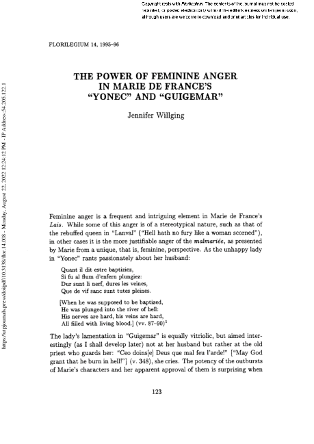 (PDF) The Power of Feminine Anger in Marie de France's "Yonec" and ...