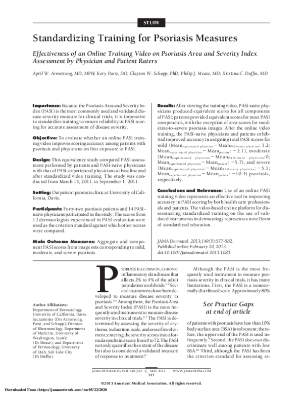 (PDF) Standardizing training for psoriasis measures: effectiveness of ...