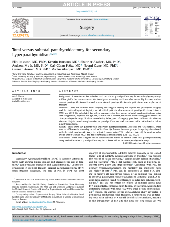 (PDF) Total versus subtotal parathyroidectomy for secondary ...