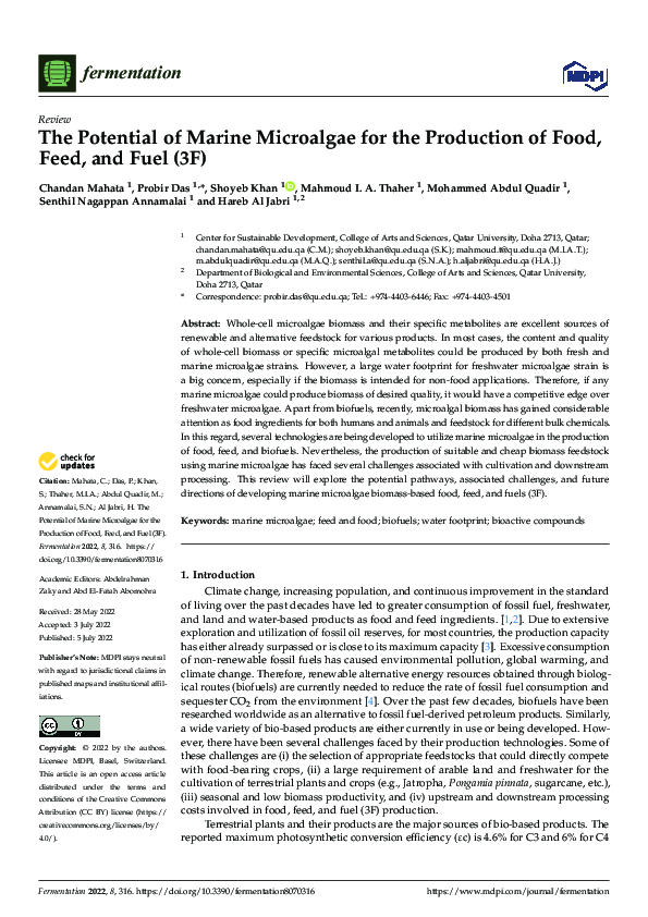 (PDF) The Potential of Marine Microalgae for the Production of Food, Feed, and Fuel (3F)