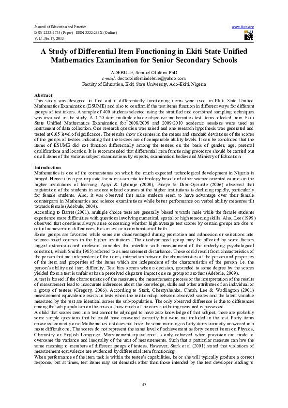 (PDF) A Study of Differential Item Functioning in Ekiti State Unified Mathematics Examination ...