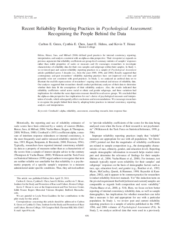 (PDF) Recent reliability reporting practices in Psychological ...