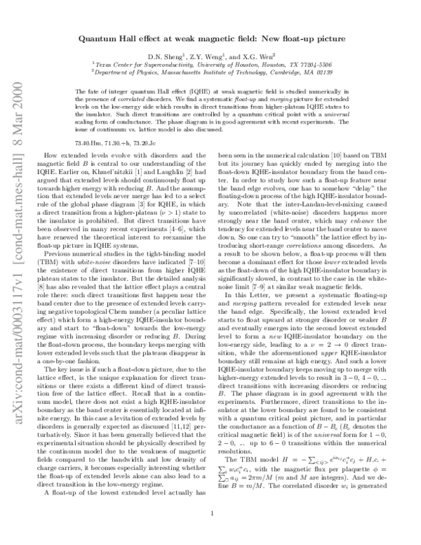 (PDF) Quantum Hall effect at weak magnetic field: New float-up picture