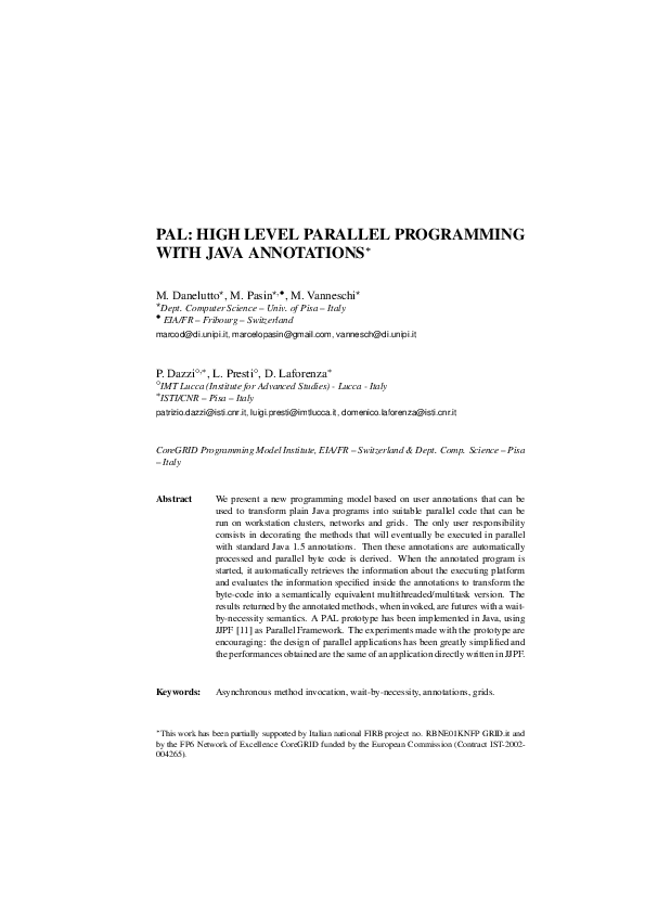 (PDF) PAL: High level parallel programming with Java annotations | Patrizio Dazzi - Academia.edu