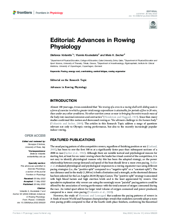 Pdf Editorial Advances In Rowing Physiology