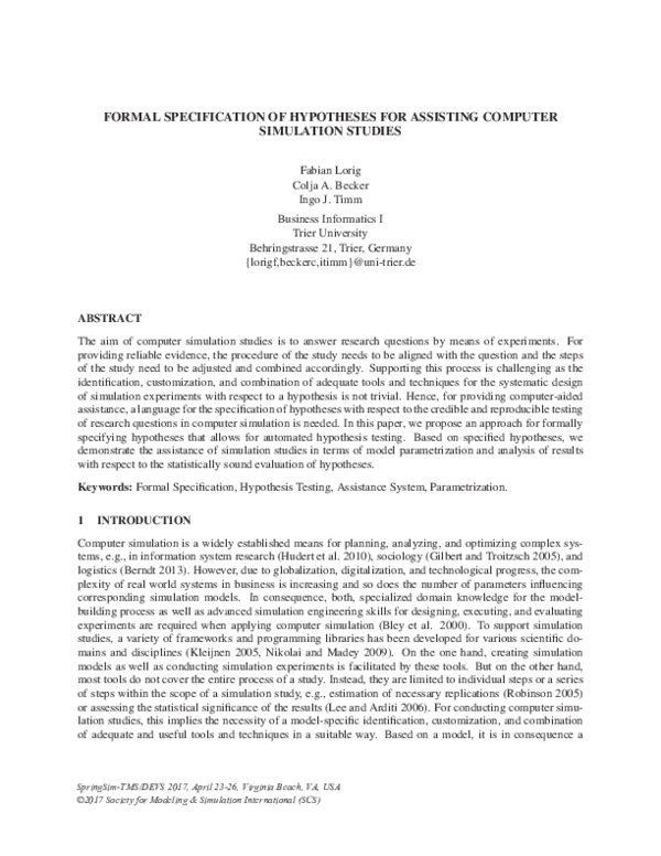 (PDF) Formal Specification of Hypotheses for Assisting Computer Simulation Studies | Ingo Timm ...