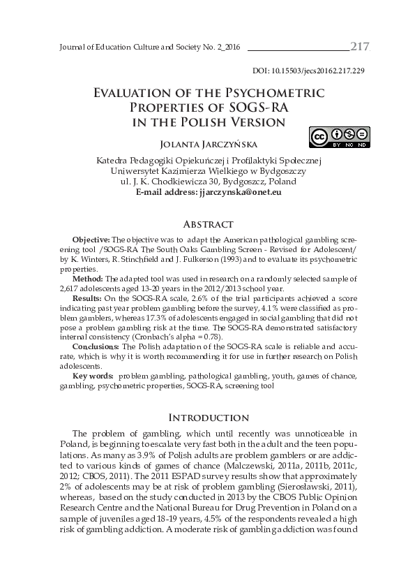 (PDF) Evaluation of the Psychometric Properties of SOGS-RA in the ...