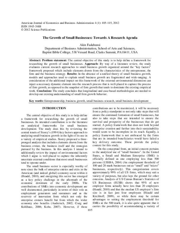 (PDF) The Growth of Small Businesses: Towards A Research Agenda