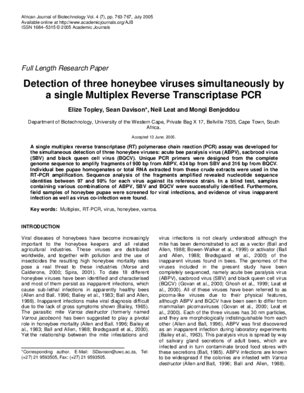 (PDF) Multiplex PCR for 3 Honeybee Virus Detection