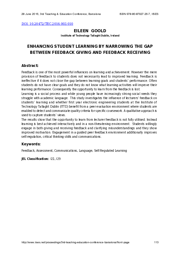 (PDF) Enhancing Student Learning by Narrowing the Gap Between Feedback Giving and Feedback Receiving