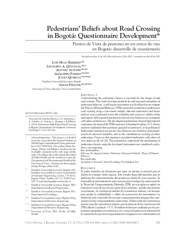 (PDF) Pedestrians’ Beliefs about Road Crossing in Bogotá: Questionnaire ...