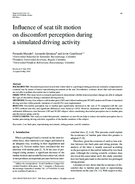 (PDF) Influence of seat tilt motion on discomfort perception during a ...