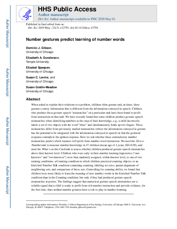 (PDF) Number gestures predict learning of number words