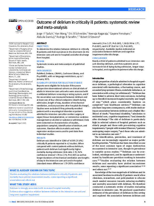 (PDF) Outcome of delirium in critically ill patients: systematic review and meta-analysis | Adam ...