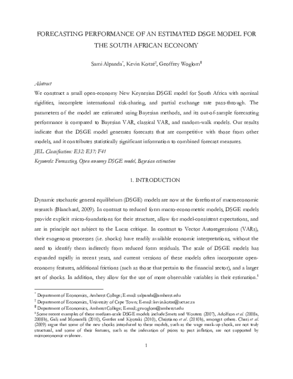 Pdf Forecasting Performance Of An Estimated Dsge Model For The South African Economy Sami