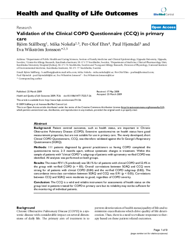 (PDF) Validation of the Clinical COPD Questionnaire (CCQ) in primary care