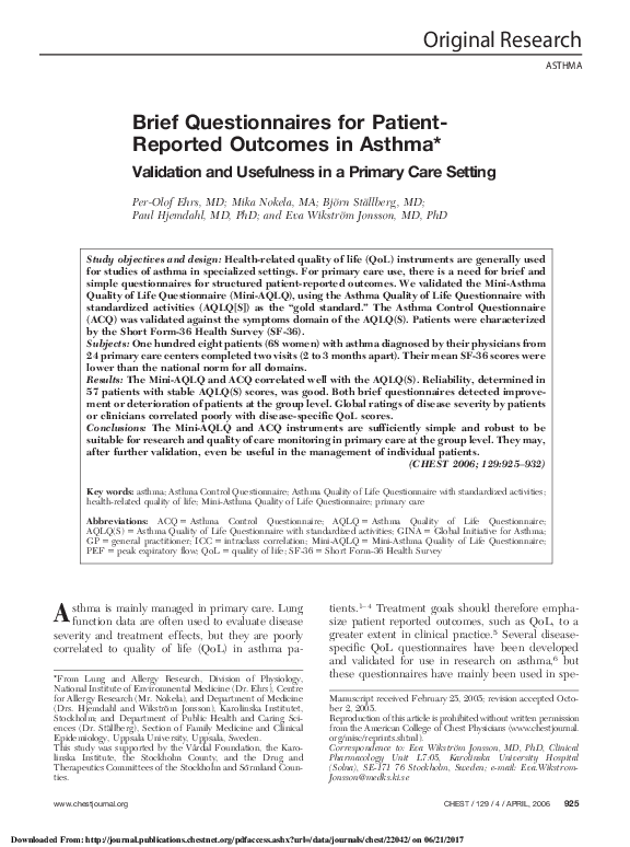 Brief Questionnaires for Patient-Reported Outcomes in Asthma
