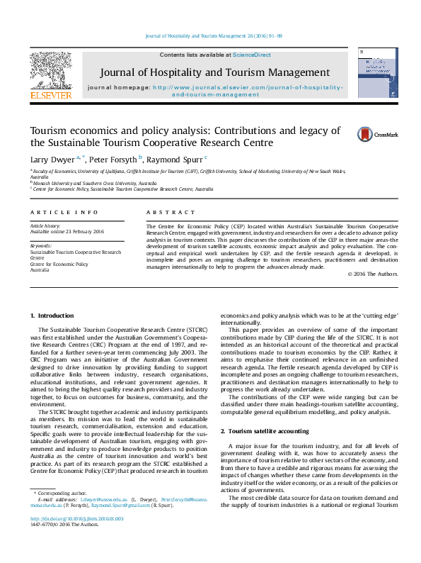 (PDF) Tourism economics and policy analysis: Contributions and legacy of the Sustainable Tourism ...