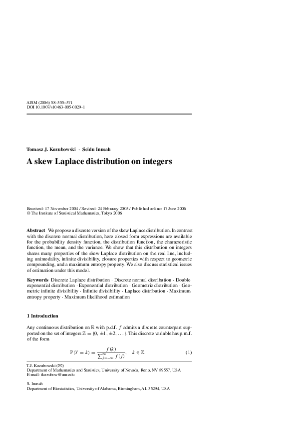 (PDF) A Skew Laplace Distribution on Integers