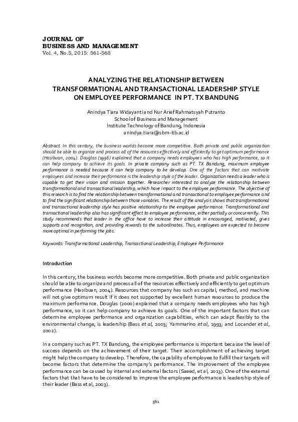 (PDF) Analyzing the Relationship Between Transformational and Transactional Leadership Style on ...
