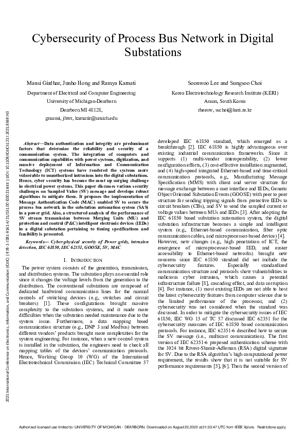 (PDF) Cybersecurity of Process Bus Network in Digital Substations | Mansi Girdhar and Sungsoo ...