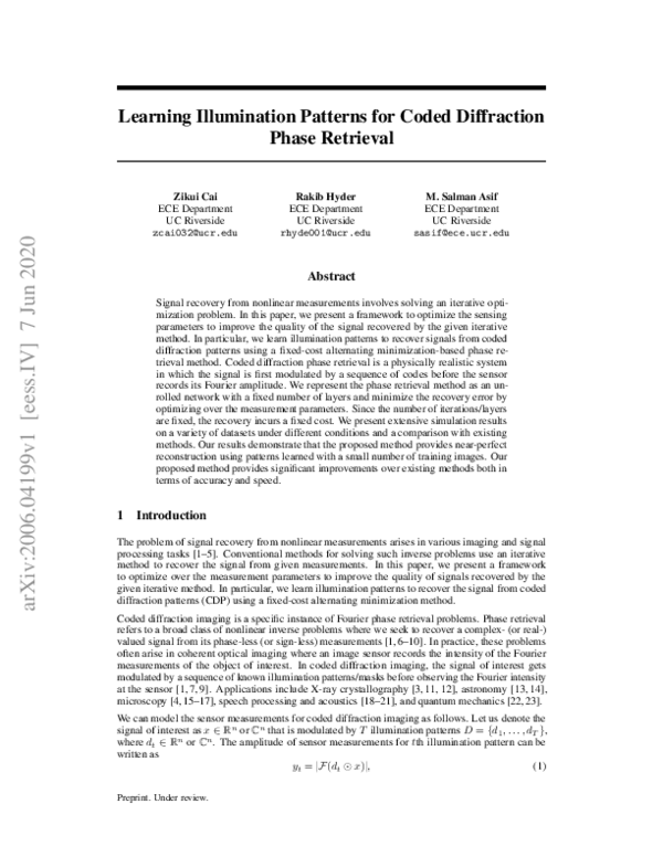 Pdf Learning Illumination Patterns For Coded Diffraction Phase Retrieval Rakib Hyder
