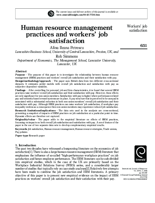 (PDF) Human resource management practices and workers' job satisfaction