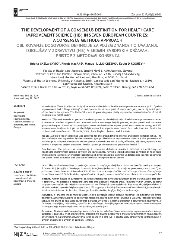 (PDF) The development of a consensus definition for healthcare improvement science (HIS) in ...