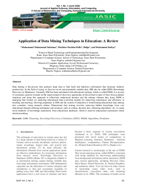 Pdf Application Of Data Mining Techniques In Education A Review