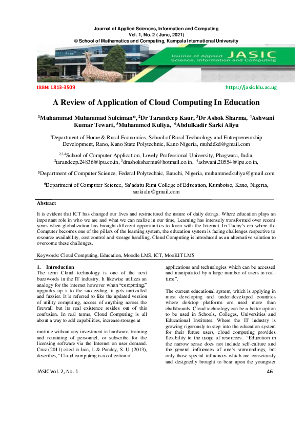 (PDF) A Review of Application of Cloud Computing In Education