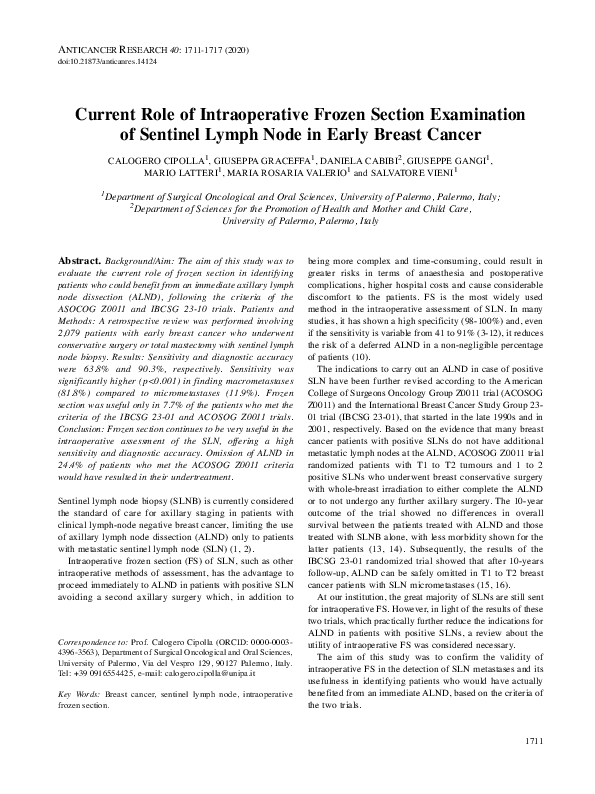 (PDF) Current Role of Intraoperative Frozen Section Examination of Sentinel Lymph Node in Early ...