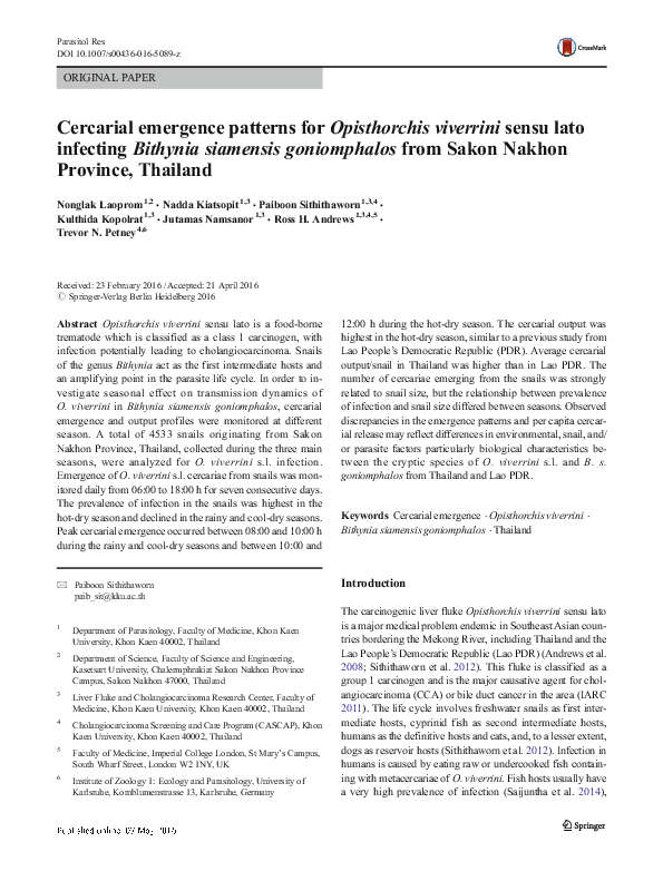 (PDF) Cercarial emergence patterns for Opisthorchis viverrini sensu ...