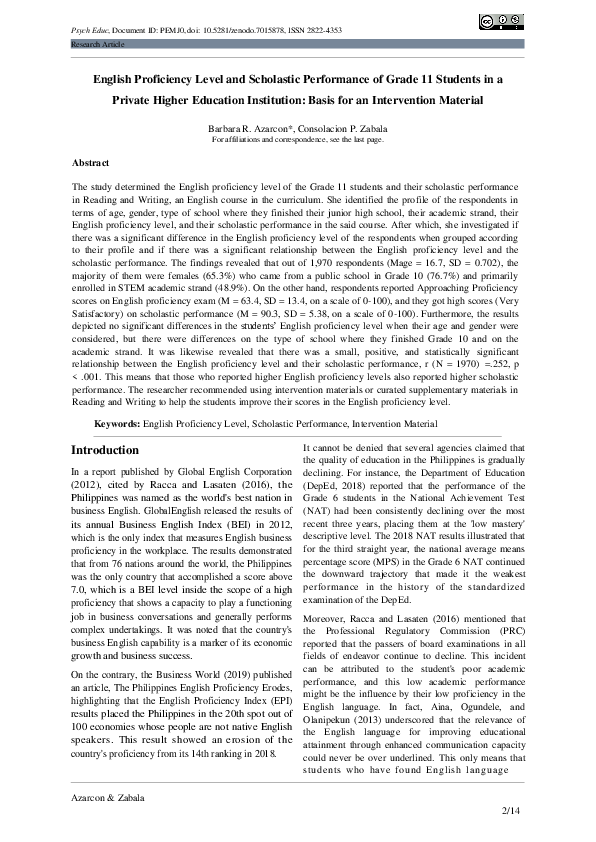 (PDF) English Proficiency Level and Scholastic Performance of Grade 11 ...