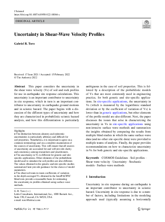 (PDF) Uncertainty in Shear-Wave Velocity Profiles