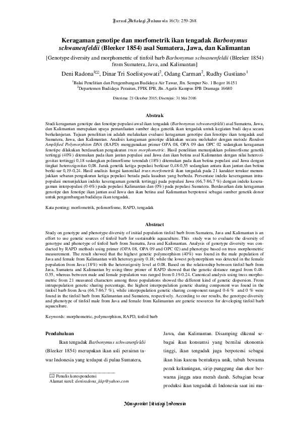 (PDF) Keragaman genotipe dan morfometrik ikan tengadak Barbonymus ...