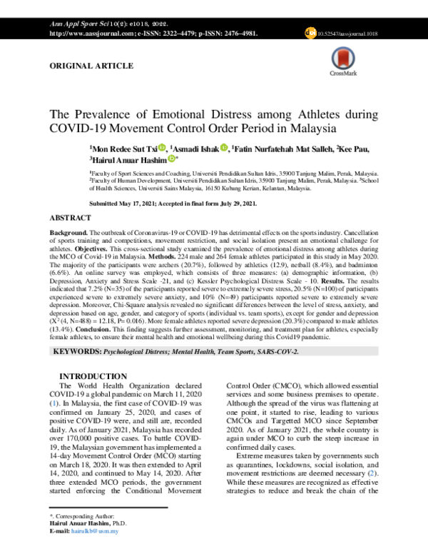 (PDF) The Prevalence of Emotional Distress among Athletes during COVID ...