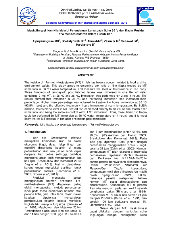 (PDF) Maskulinisasi Ikan Nila Melalui Perendaman Larva pada Suhu 36 °c dan Kadar Residu 17a ...
