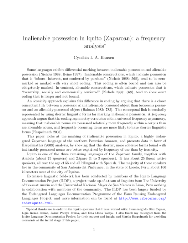 (PDF) Inalienable possession in Iquito (Zaparoan): a frequency analysis ...