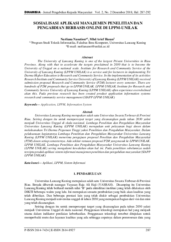 (PDF) Sosialisasi Aplikasi Manajemen Penelitian Dan Pengabdian Berbasis Online DI LPPM-Unilak