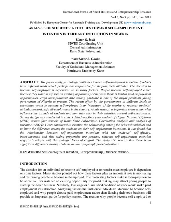 (PDF) Analysis of Students' Attitudes Toward Self-Employment Intention in Tertiary Institution ...