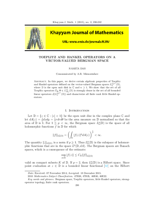 (PDF) Toeplitz and Hankel Operators on a Vector-valued Bergman Space