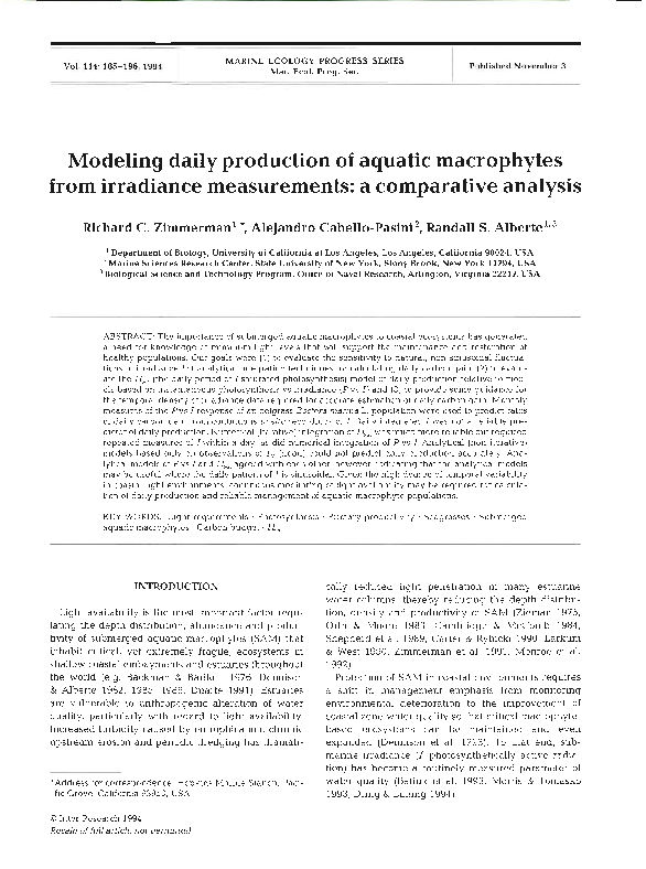 Pdf Modeling Daily Production Of Aquatic Macrophytes From Irradiance