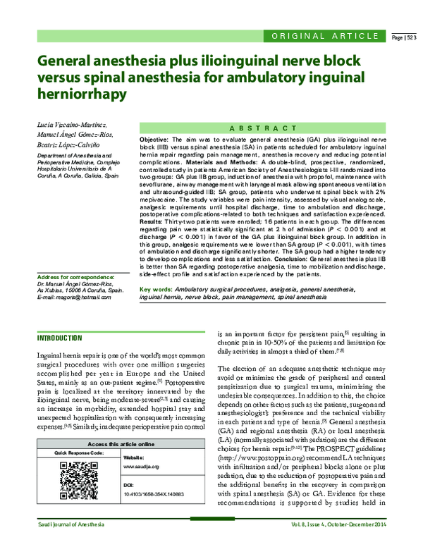 (PDF) General anesthesia plus ilioinguinal nerve block versus spinal anesthesia for ambulatory ...