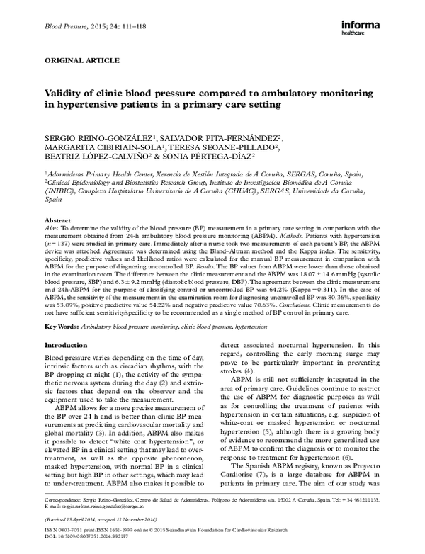 (PDF) Validity of clinic blood pressure compared to ambulatory ...