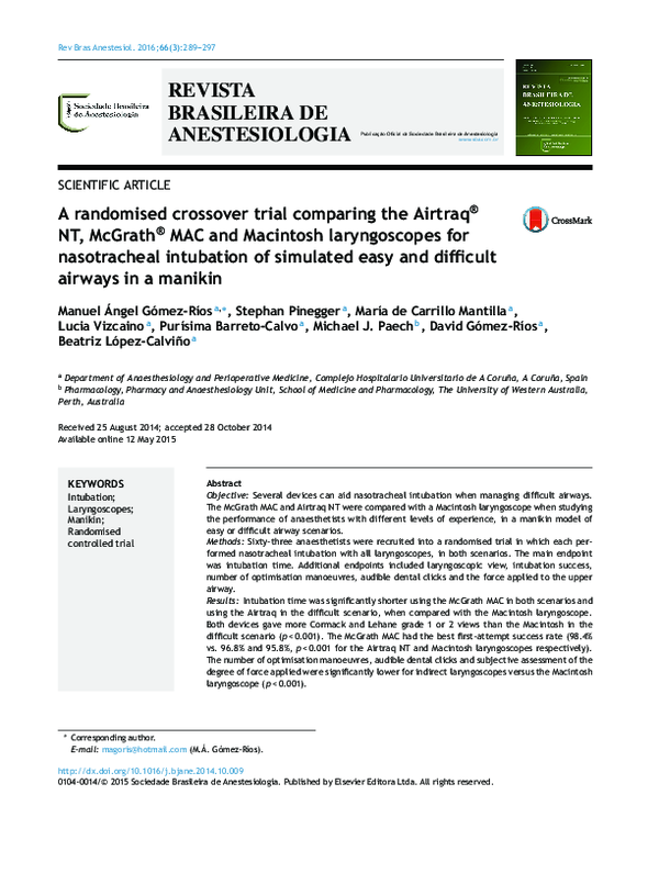 (PDF) A randomised crossover trial comparing the Airtraq® NT, McGrath ...